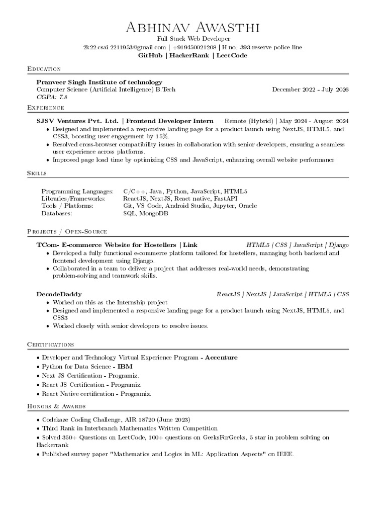 Abhinav's Resume-Hackerresume | PDF | Java Script | Computing