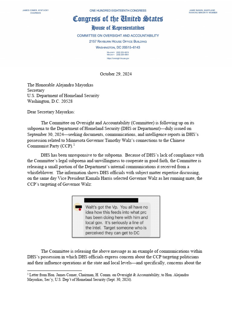 DHS Subpoena Follow Up Inquiry On Walz's CCP Ties | PDF | United States ...