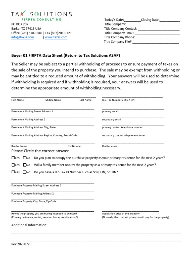 Buyer FIRPTA Data Sheet Fillable 20220725 | PDF | Taxes | Payments