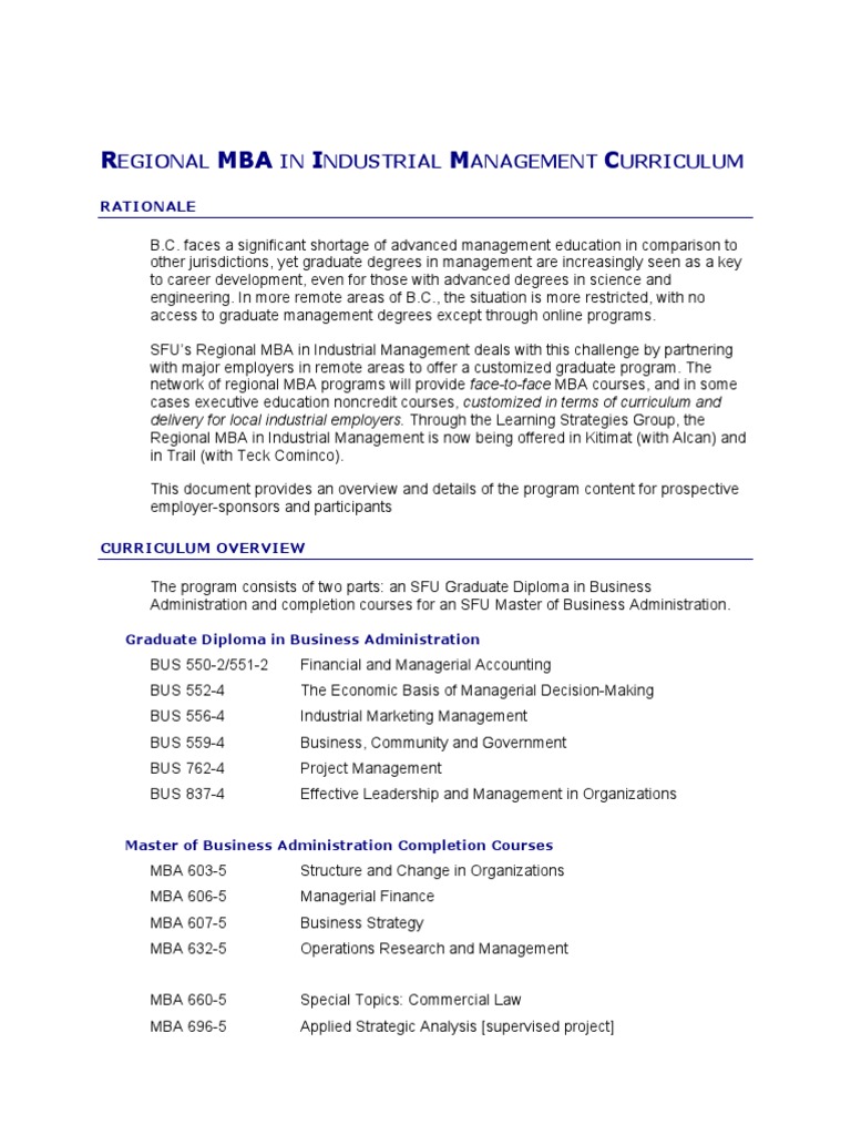 Regional MBA in Industrial Management Curriculum | PDF | Master Of ...