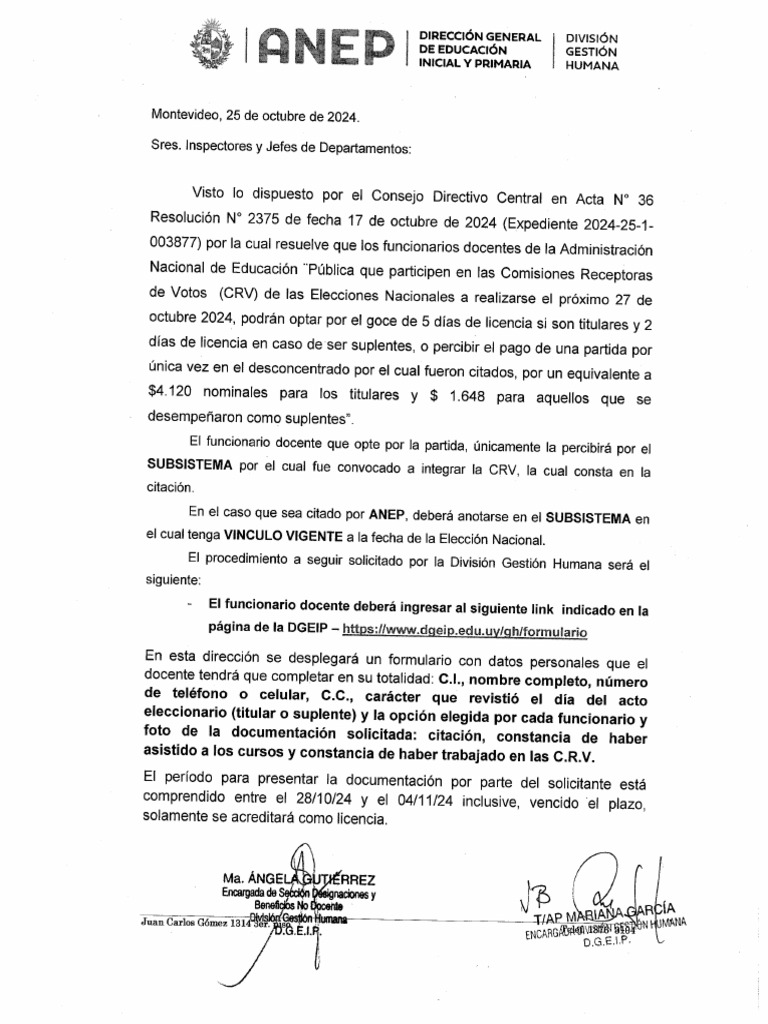 Comunicado GGHH Pago Docentes Actuación CRV-1 | PDF