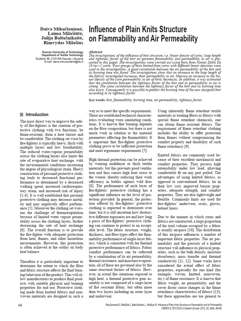 Influence of Plain Knits Structure On Flammability and Air Permeability ...