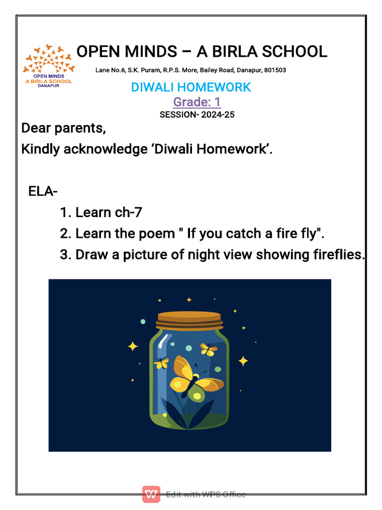 Diwali Homework for Class 1 | PDF