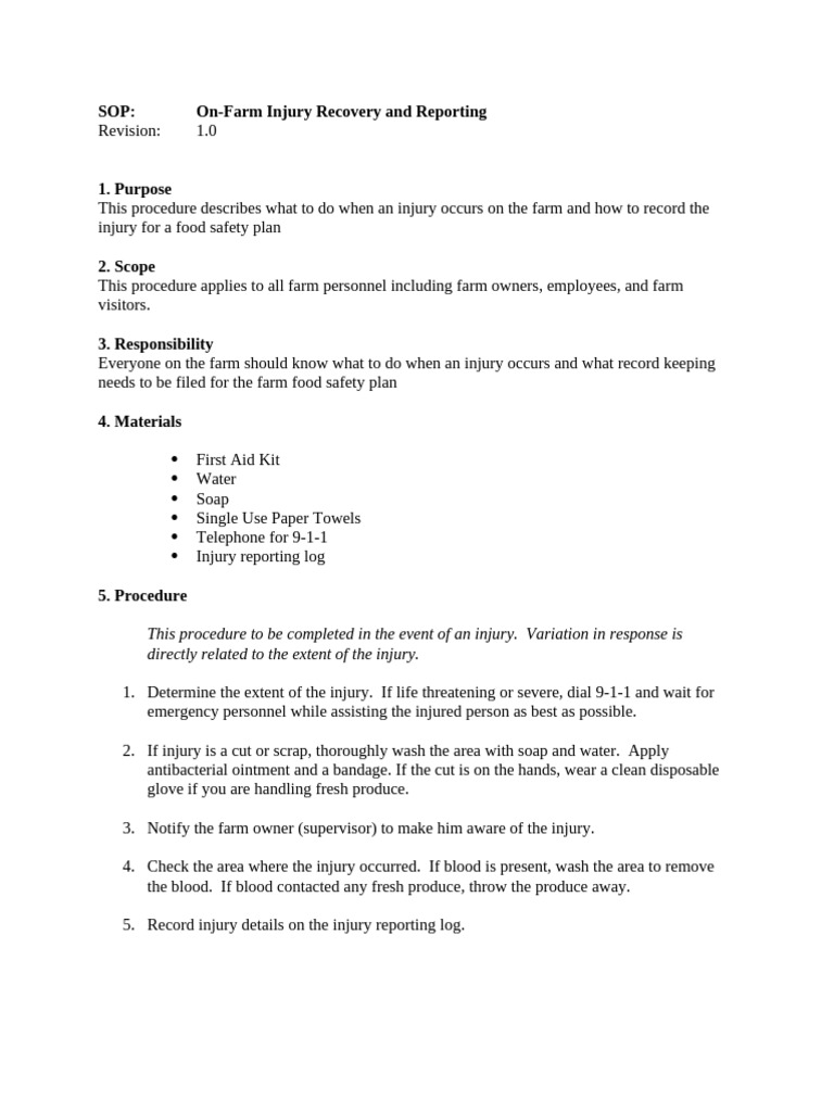 Injury Reporting SOP Template | PDF | Wellness | Science & Mathematics