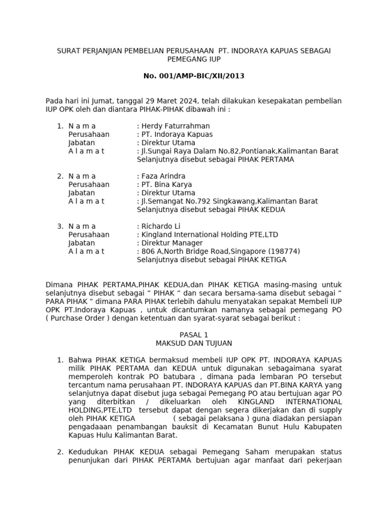 Perjanjian Pembelian IUP PT Indoraya | PDF