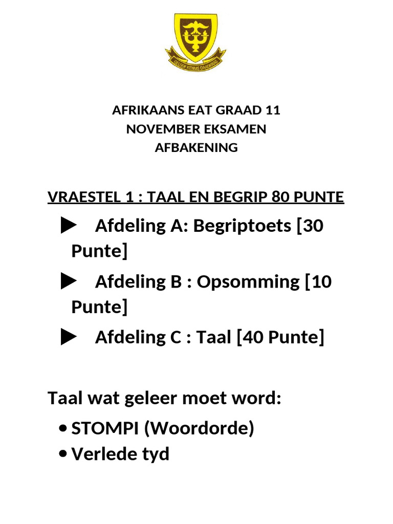 AFRIKAANS EAT GRAAD 11 Afbakening | PDF