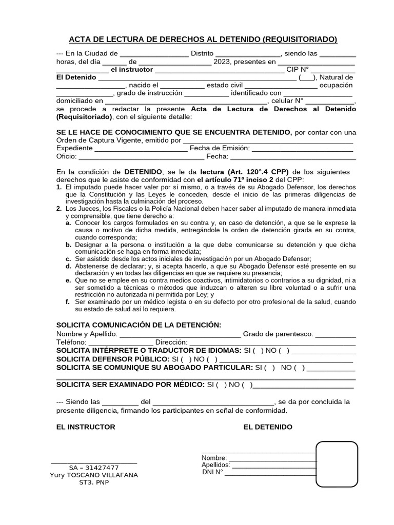 Acta de Lectura de Derechos Al Detenido Requisitoriado Yury Toscano ...