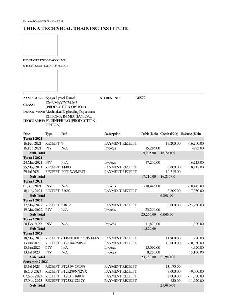 Thika Technical Institute Fee Statement | PDF | Payments | Receipt