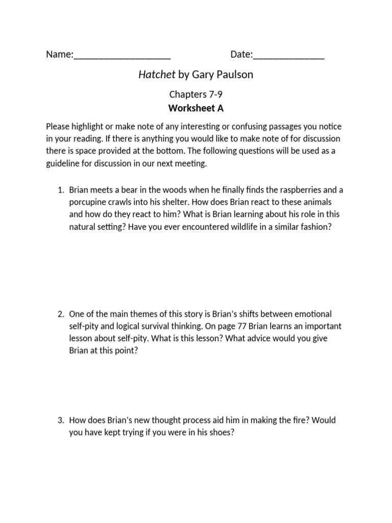 Chapters 7 9 Questions Worksheet A Hatchet | PDF | Self-Improvement