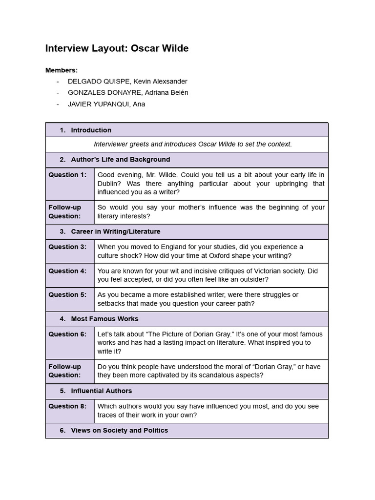 Oscar Wilde Interview Guide | PDF | Oscar Wilde | The Picture Of Dorian ...