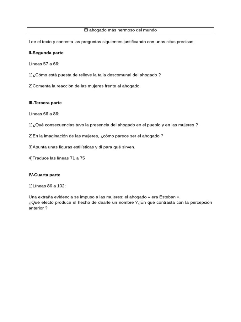Preguntas Sobre El Ahogado Más Hermoso Del Mundo | PDF