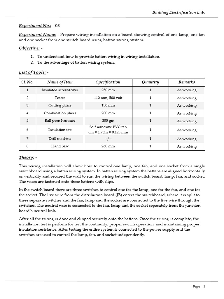 Batten Wiring for Lamp, Fan, Socket Control | PDF | Electrical Wiring ...