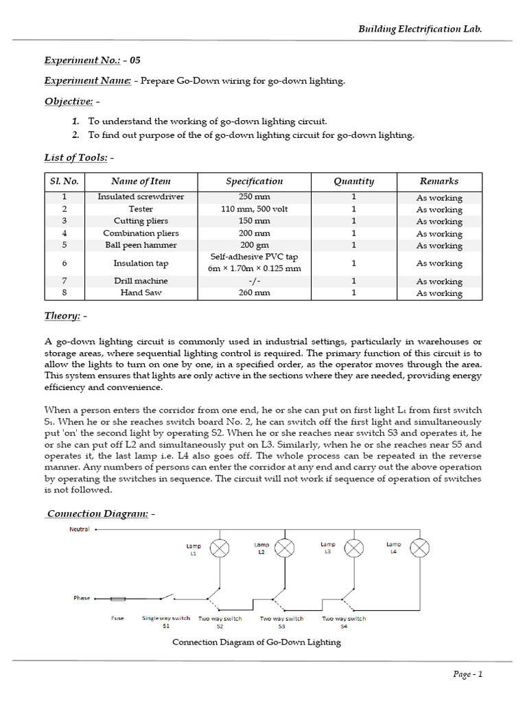 Lab - 05 - Prepare Go-Down Wiring For Go-Down Lighting Lab Manual | PDF | Switch | Electrical ...