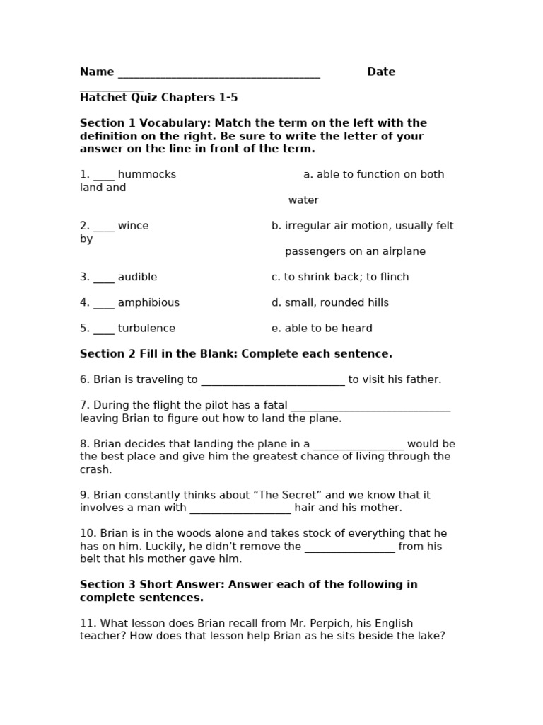 Hatchet Quiz and Test for Chapters 1-12 | PDF | Home & Garden