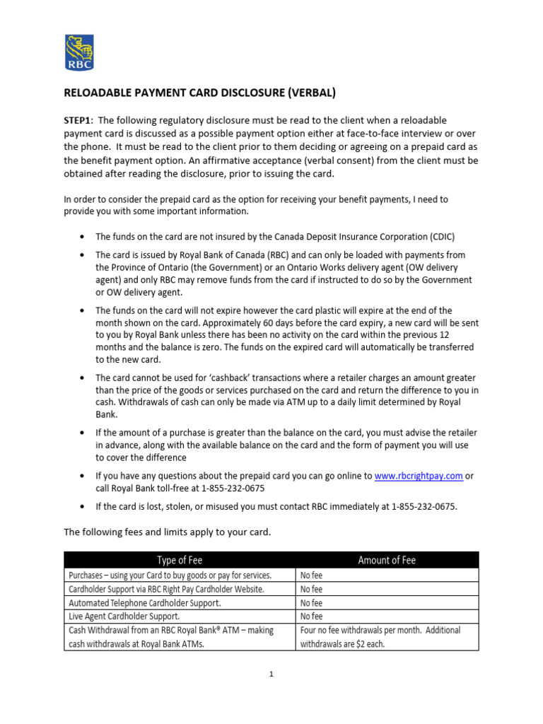 Reloadable Payment Card Disclosure | PDF | Automated Teller Machine | Fee