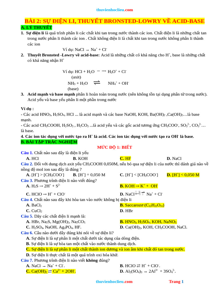 2 Ly Thuyet Va Bai Tap Su Dien Li Thuyet Bronsted Lowry Ve Acid Base | PDF