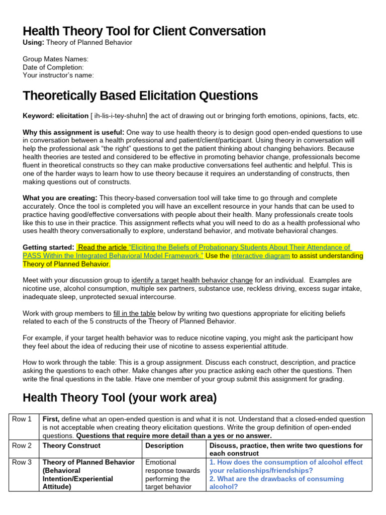 CHS - Health Theory Tool #1 - Tuesday | PDF | Attitude (Psychology ...
