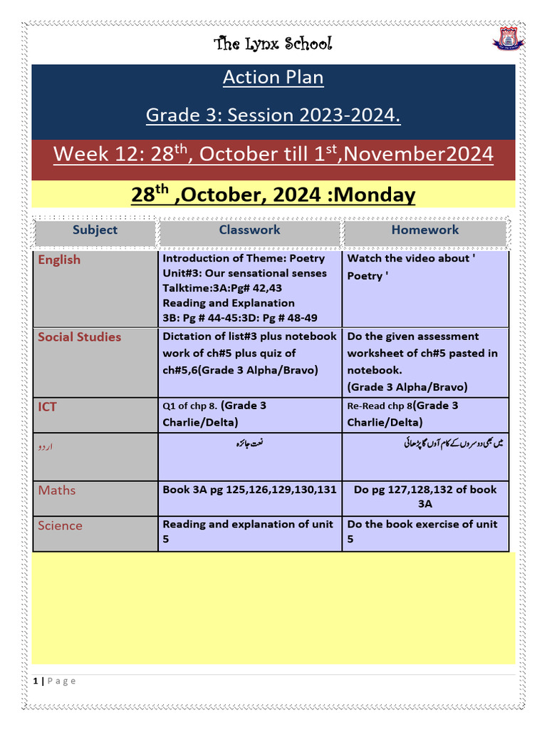 Grade 3 Week 12 Action Plan 28th Oct-1st Nov | PDF