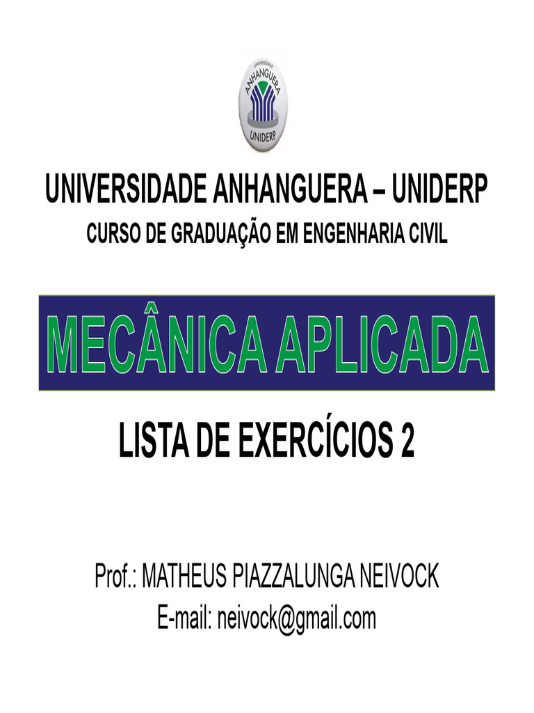 Lista de Exercícios 2 - Mecânica Aplicada | PDF