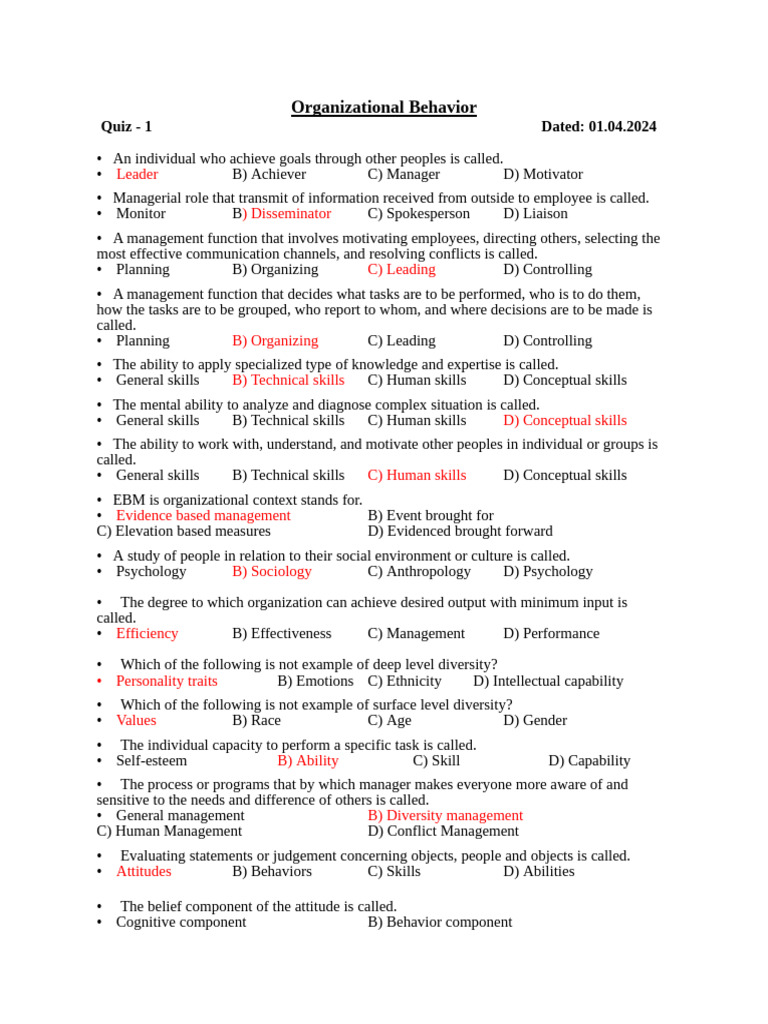 OB Quiz Chapter 1 to 3 Dated 01042024 | PDF | Attitude (Psychology) | Affect (Psychology)