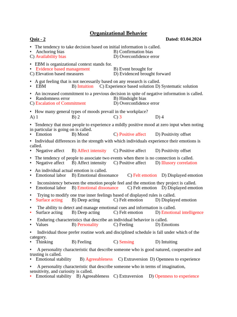 Organizational Behavior Quiz Insights | PDF | Emotions | Bias