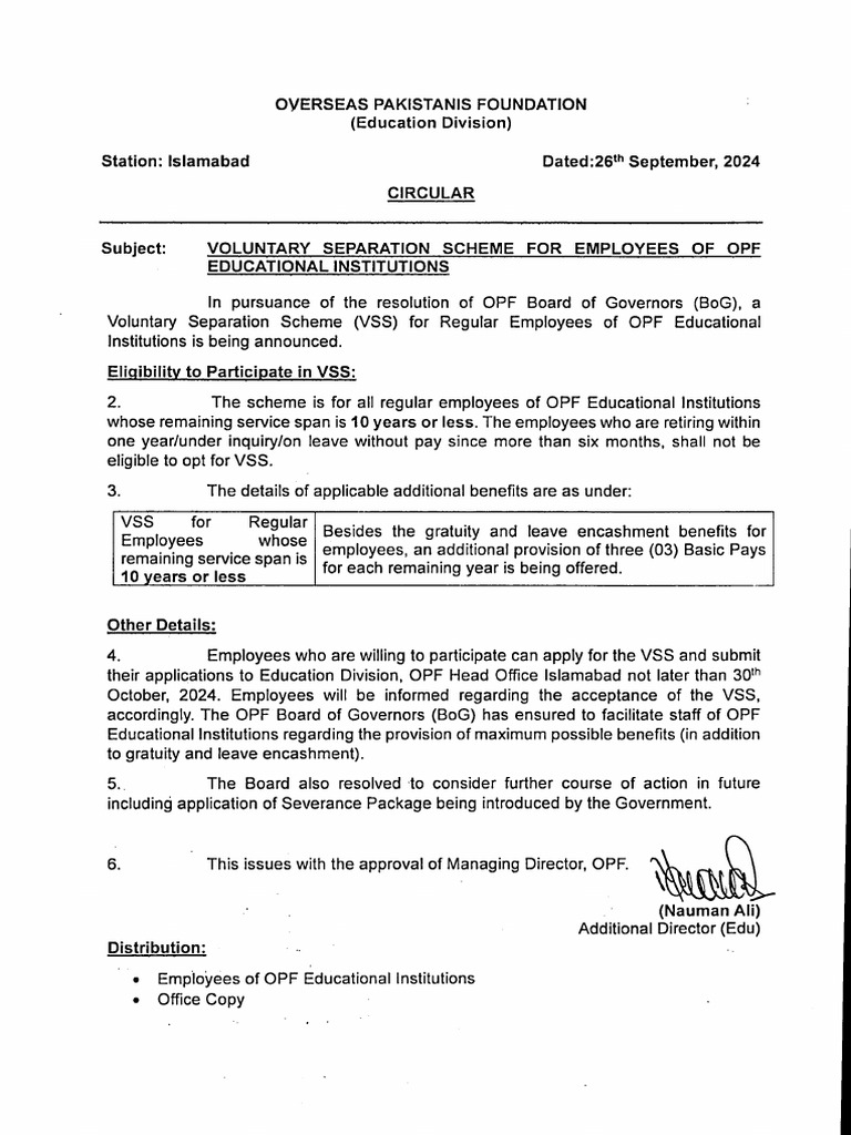 Letter of Voluntary Separation Scheme For Employees of Opf Educational ...