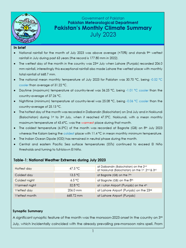 Pakistan Monthly Climate Summary July 2023 | PDF | Climate | Physical ... Pakistan Monthly Climate Summary July 2023 | PDF | Climate | Physical ...
