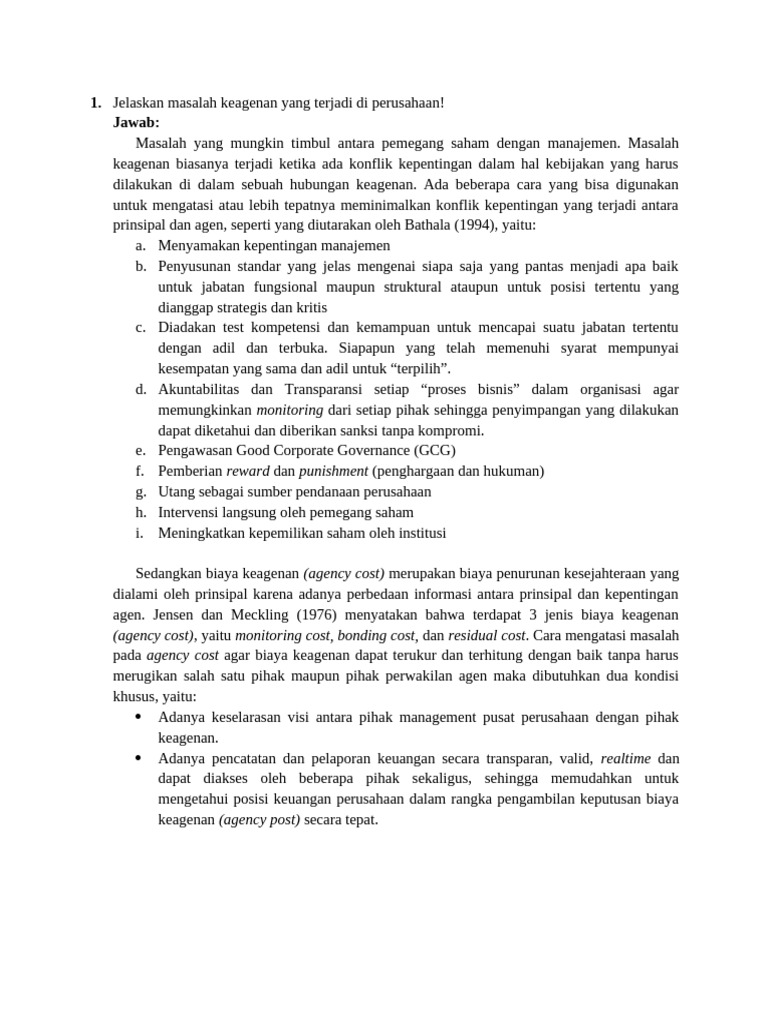 Masalah Keagenan Yang Terjadi Di Perusahaan! | PDF