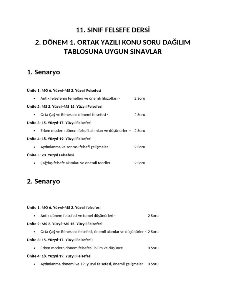 Sinif Felsefe Dersi 2. Dönem 1. Ortak Yazili Konu Soru Dağilim Tablosuna Uygun Sinavlar 1 ...