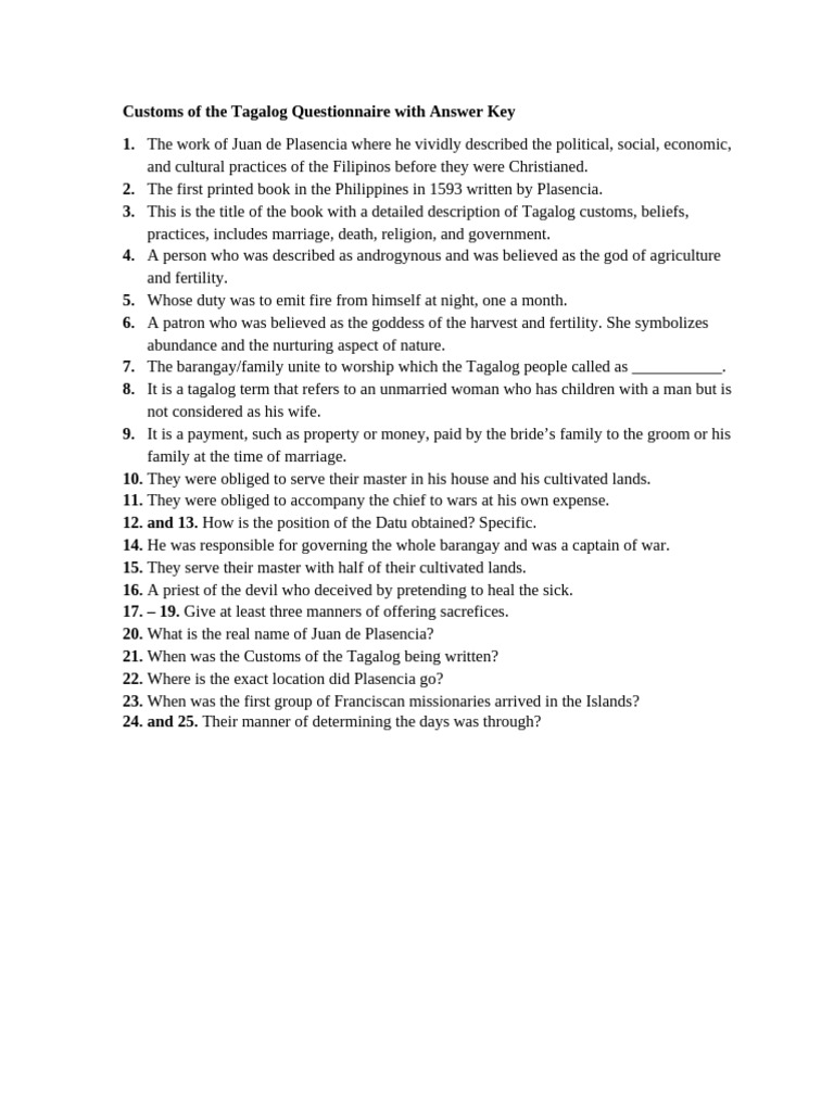 Tagalog Customs: Questionnaire & Answers | PDF | Marriage | Philippines