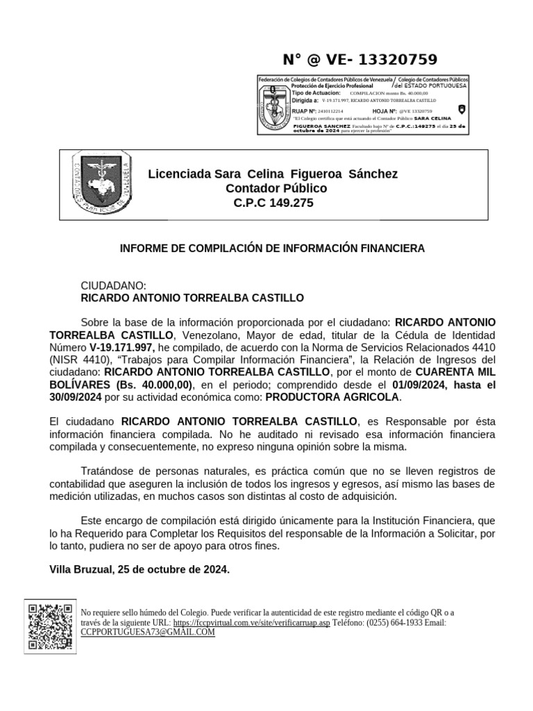 Informe Financiero de Ricardo Torrealba | PDF | Contador