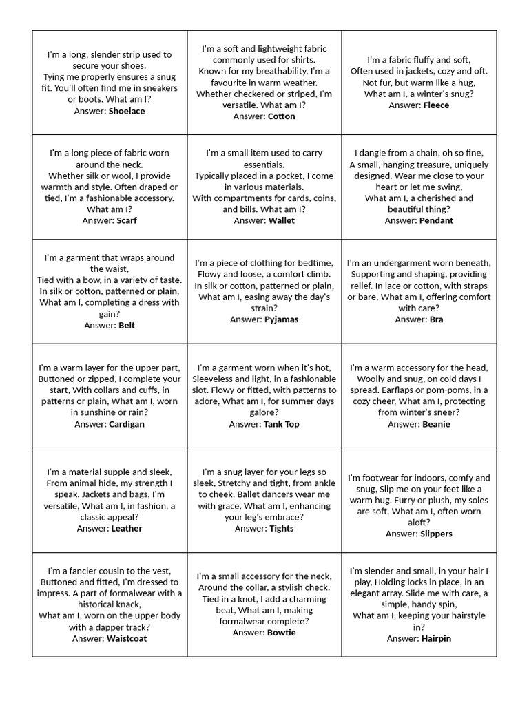 Clothes Riddles - Cards | PDF | Clothing | Textiles