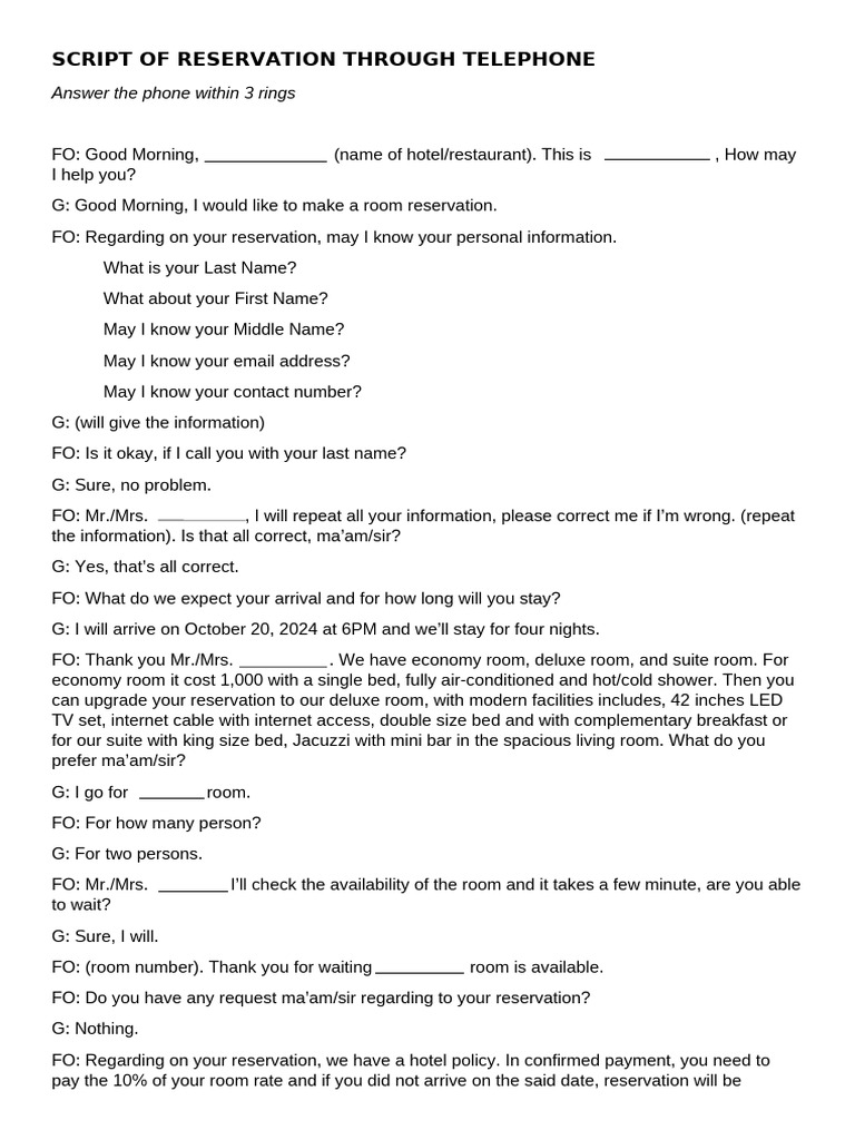 SCRIPT-OF-RESERVATION-THROUGH-TELEPHONE | PDF