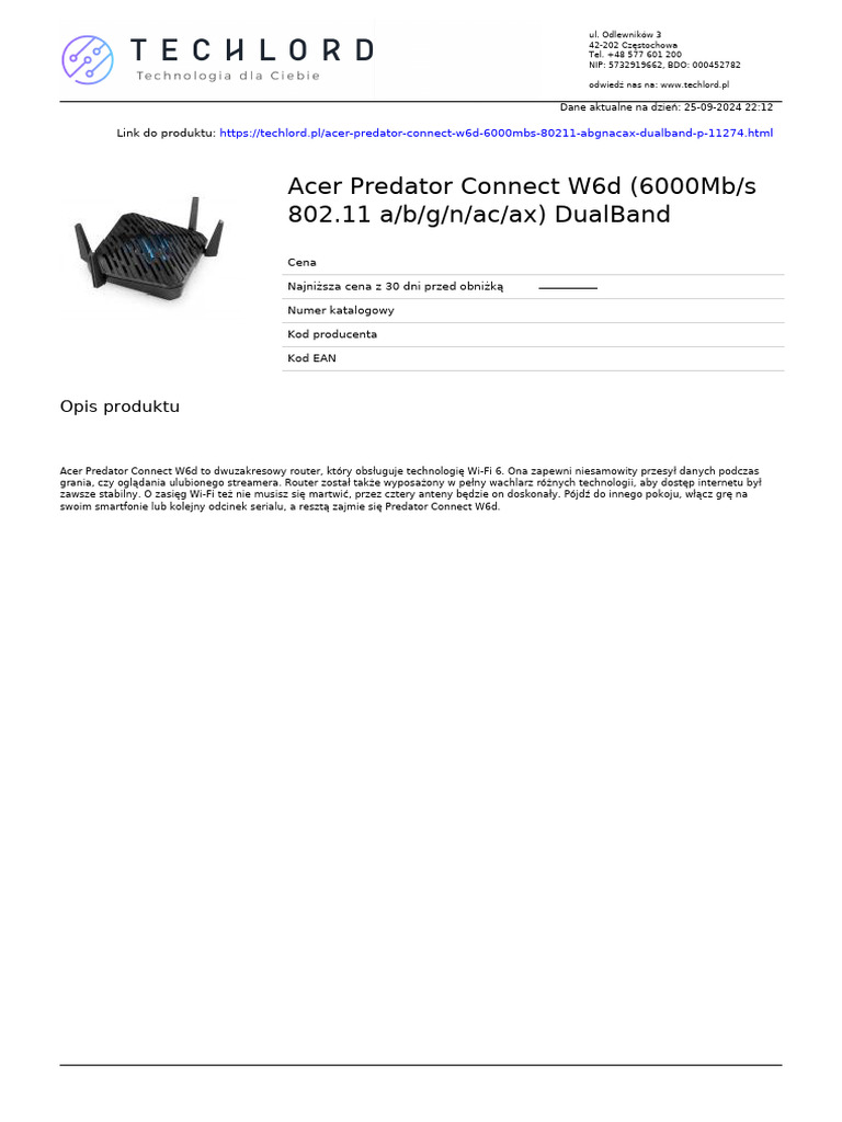 Acer Predator Connect w6d 6000mbs 80211 Abgnacax Dualband | PDF