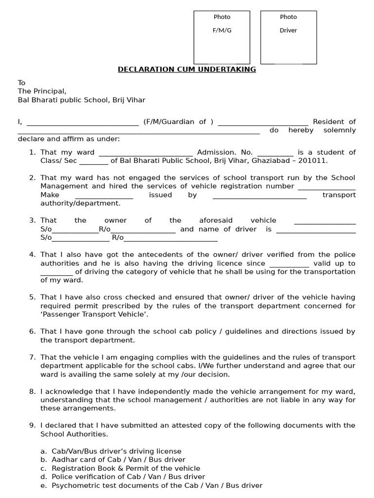 Declaration Cum Undertaking-1 | PDF | Driver's License | Road Transport