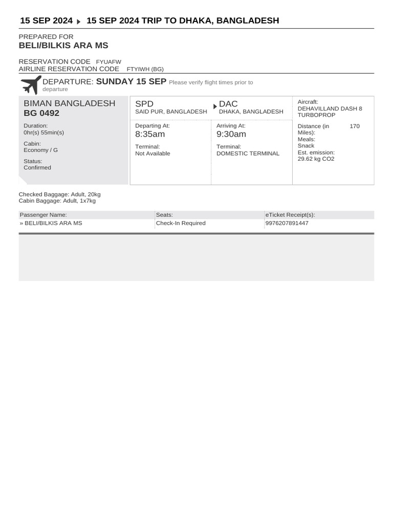 Biman Bangladesh SPD DAC: Beli/Bilkis Ara Ms | PDF