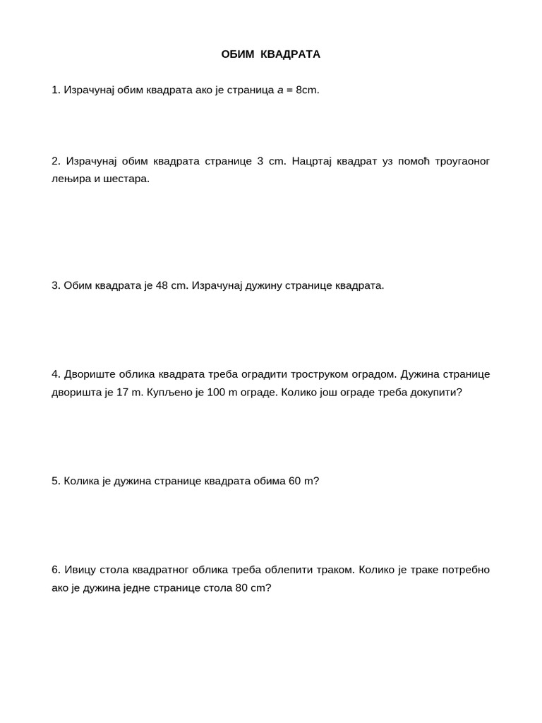 Kvadrat Obim Zadaci | PDF