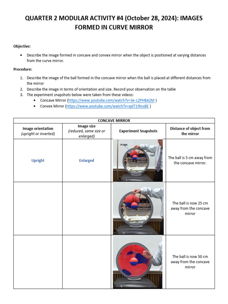 QUARTER 2 MODULAR ACTIVITY 4 October 28 2024 IMAGES FORMED IN CURVE MIRROR | PDF | Mirror | Optics