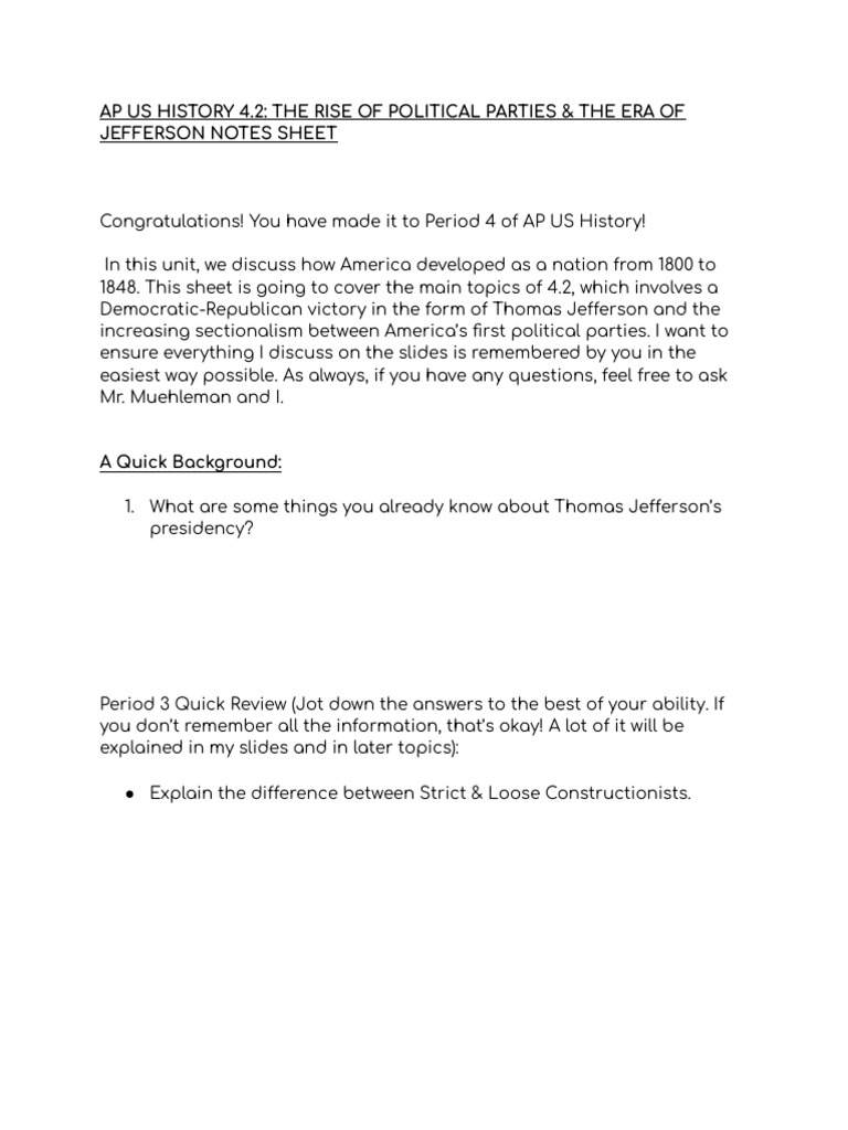APUSH 4.2: Political Parties & Jefferson | PDF | Federalist Party ...
