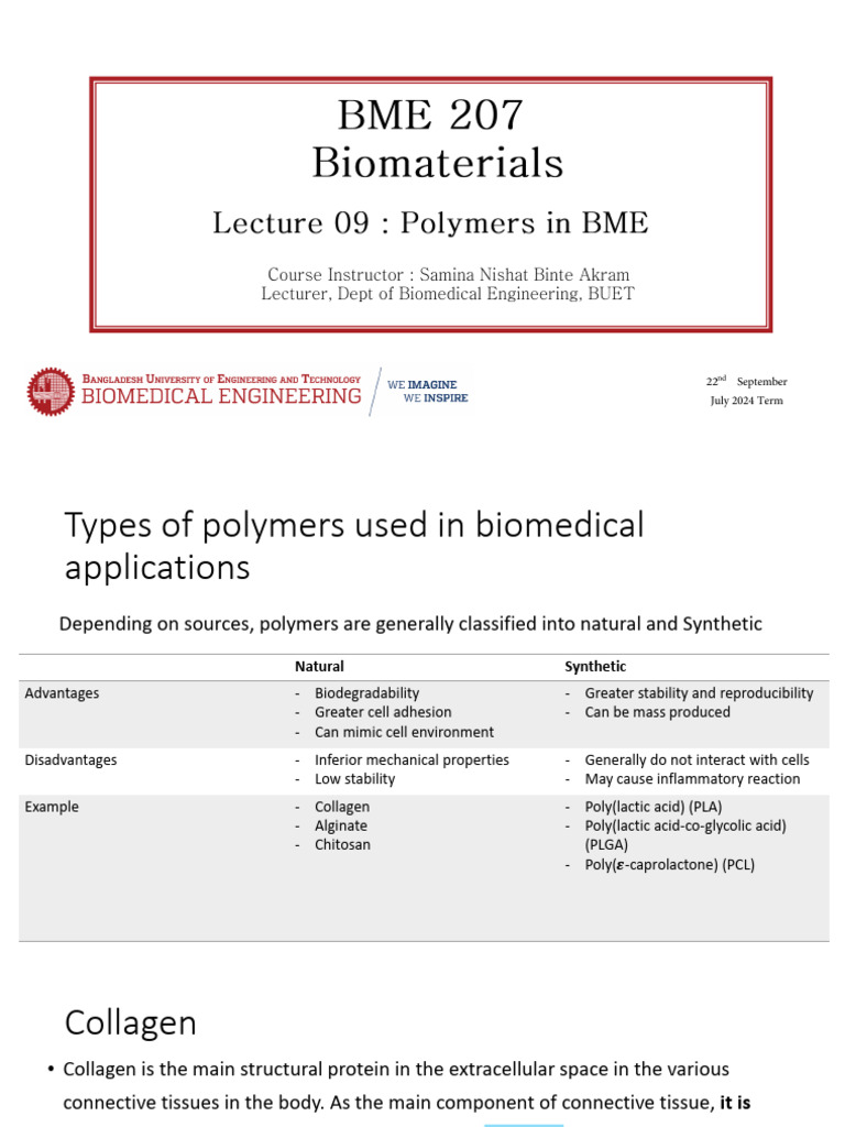 Lecture 9 - Common Polymers in BME | PDF | Polymers | Collagen