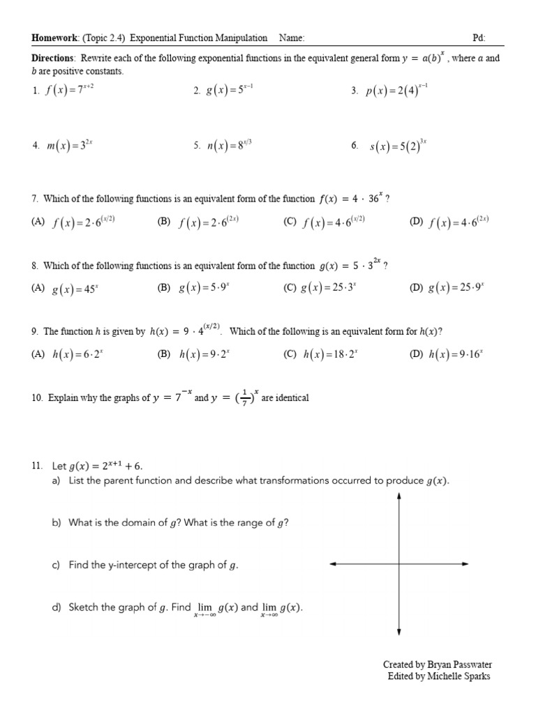 HW Topic 2.4 Exponential Function Manipulation | PDF