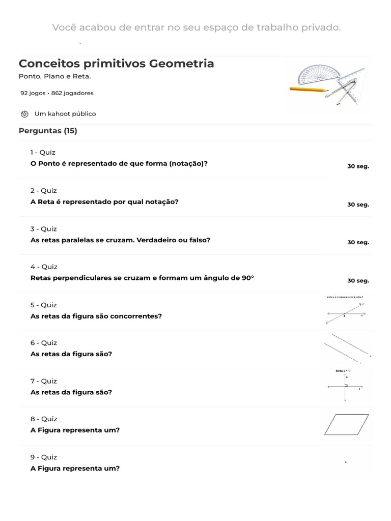 Conceitos Primitivos Geometria — Detalhes — Kahoot! | PDF