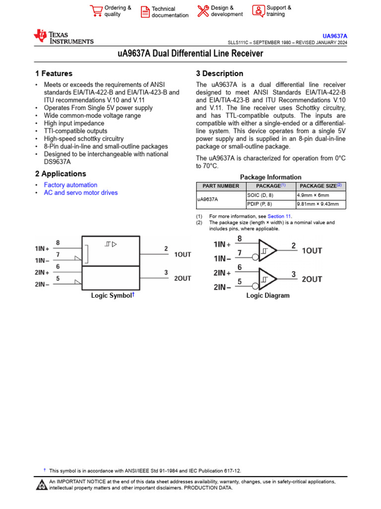 uA9637A Dual Differential Line Receiver: 1 Features 3 Description | PDF ...