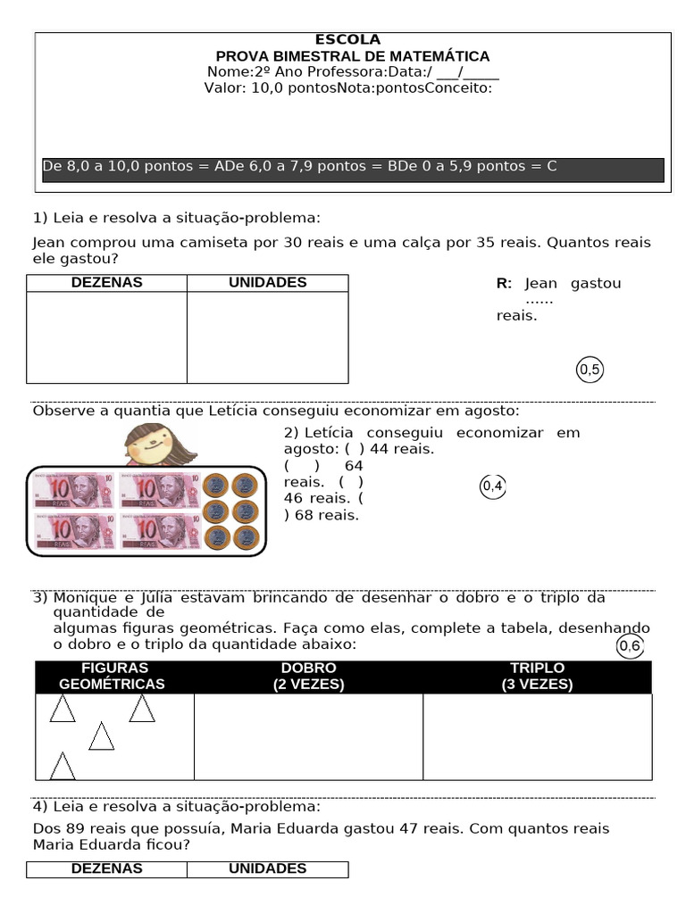 Prova de Matemática 2º Ano: Situações e Problemas | PDF | Métodos e ...