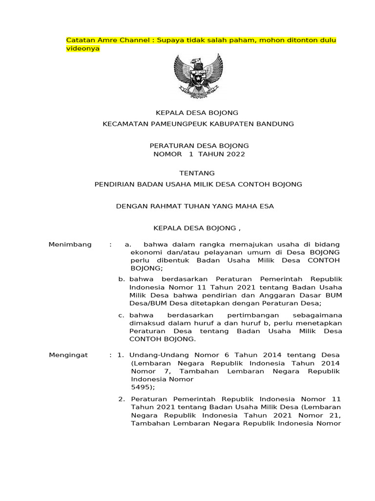 Perdes Pendirian Bumdesa CONTOH | PDF
