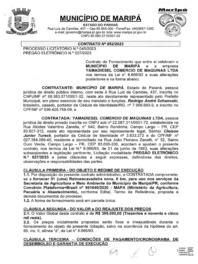 Contrato 052.2023 - Retroescavadeira Mapa - Yamadiesel | PDF