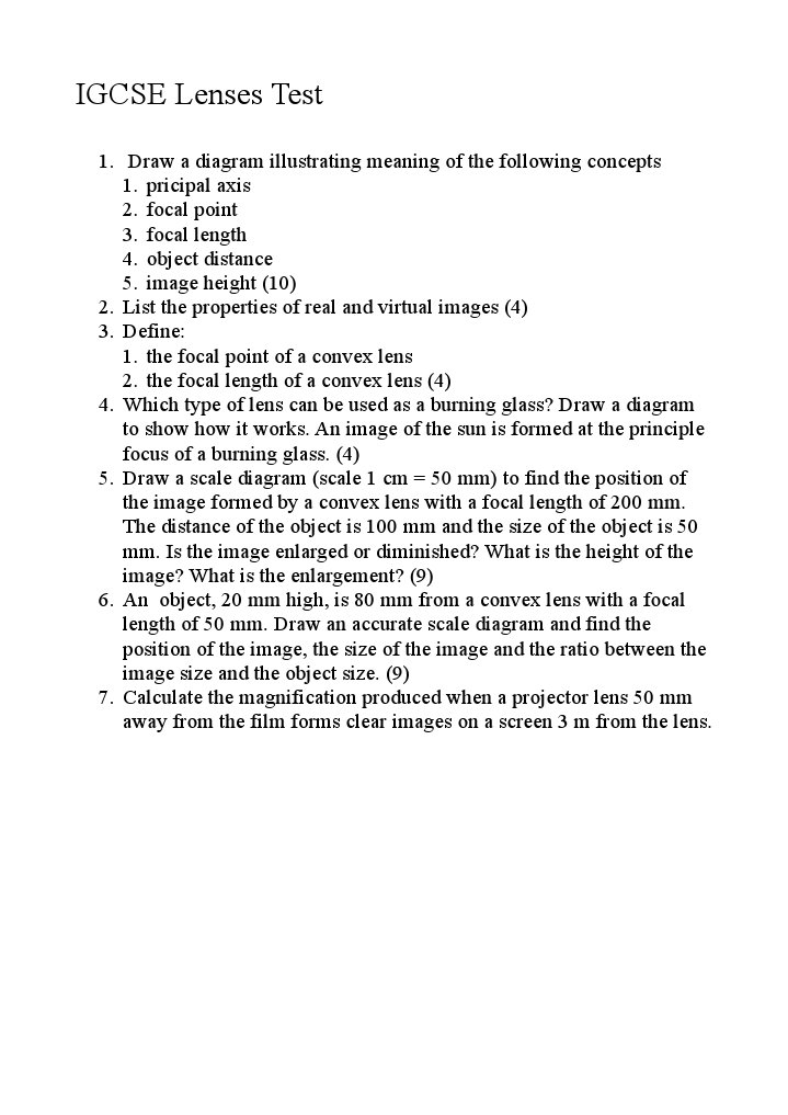 IGCSE Physics Lens Test 1 | PDF