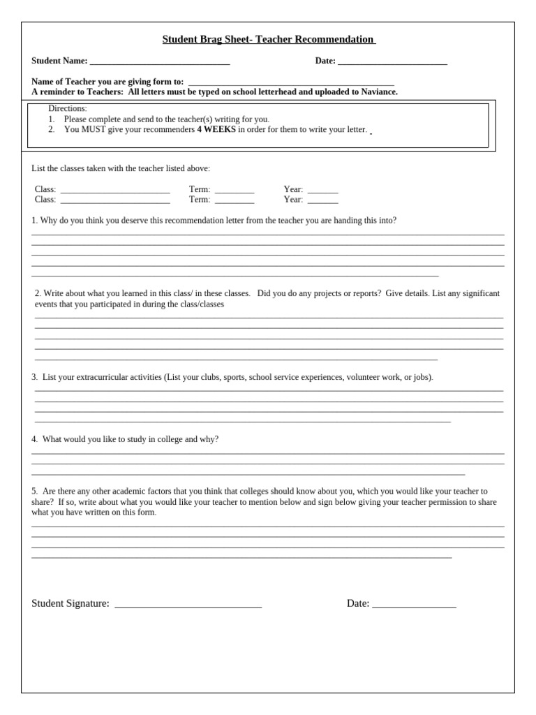 Student Brag Sheet - Teacher Recommendation | PDF