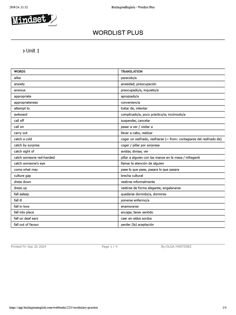 Word Lists Unit 1 | PDF