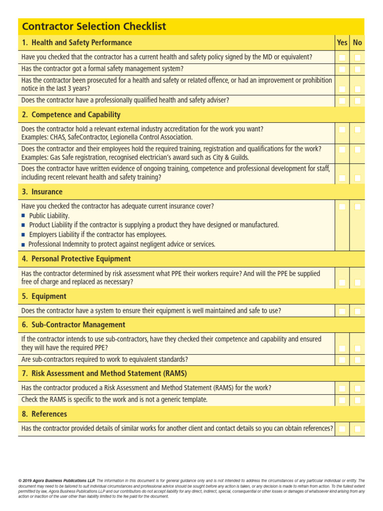 Contractor Selection Checklist | PDF | Occupational Safety And Health ...